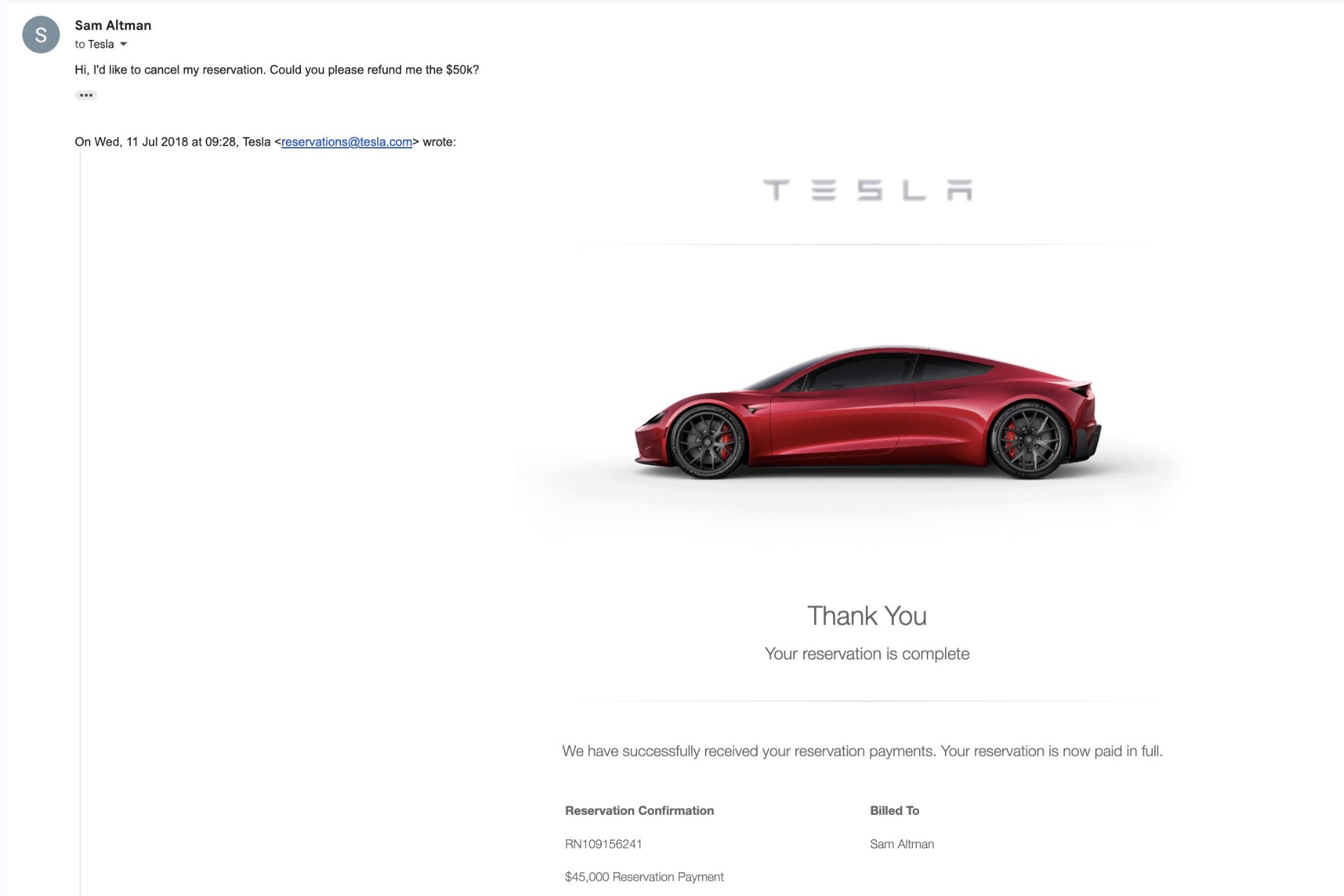 Ce terrible revers : annuler sa commande du Tesla Roadster est un ...